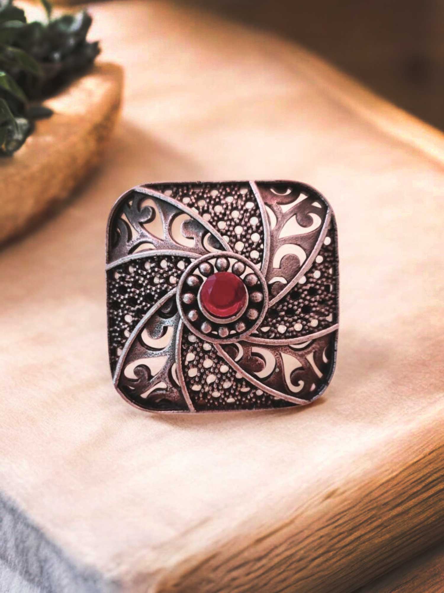 Mudrika Red Stone Adjustable Oxidized Finger Ring – Preyasi